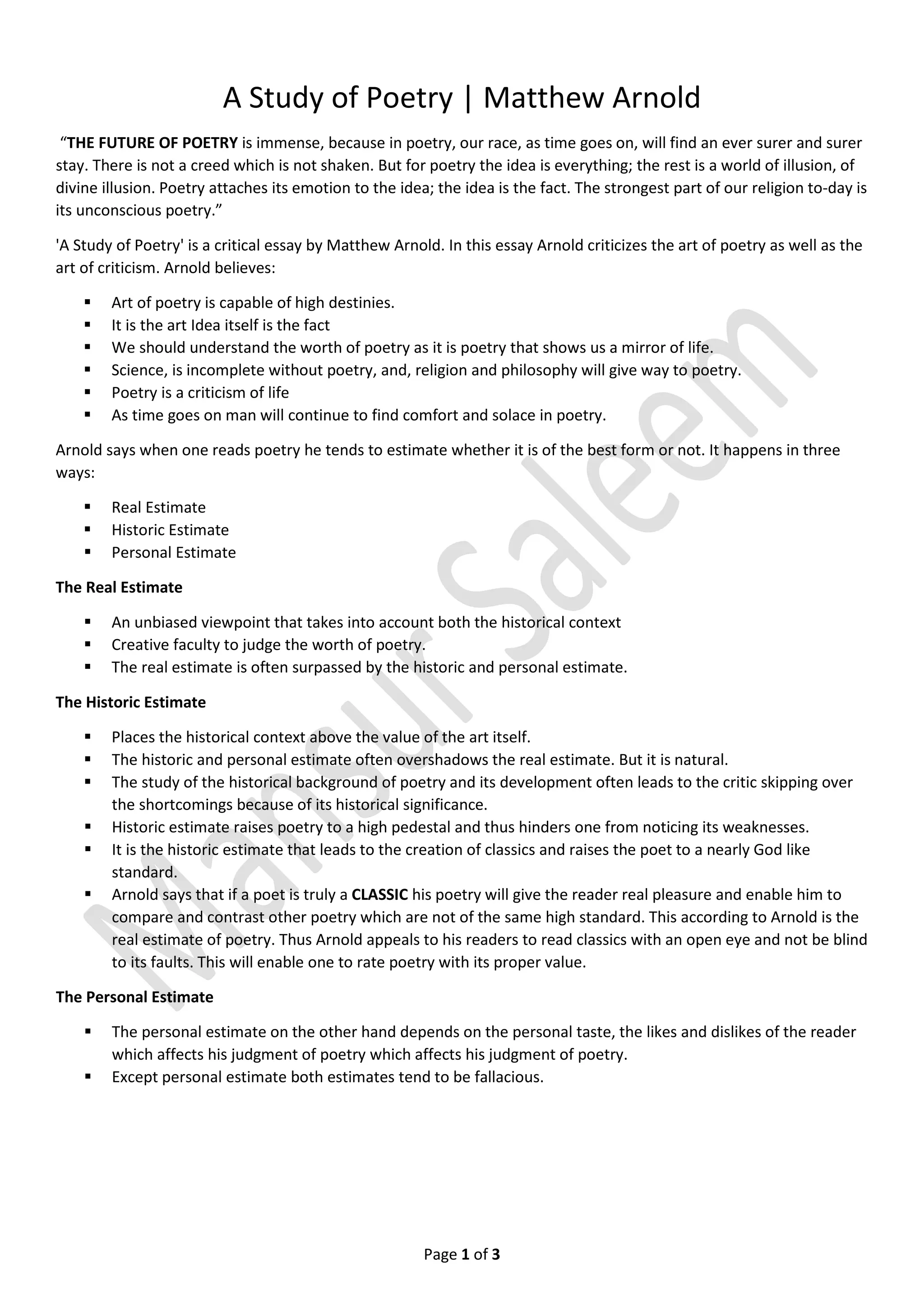 A Study of Poetry | Critical Essay by Matthew Arnold | PDF