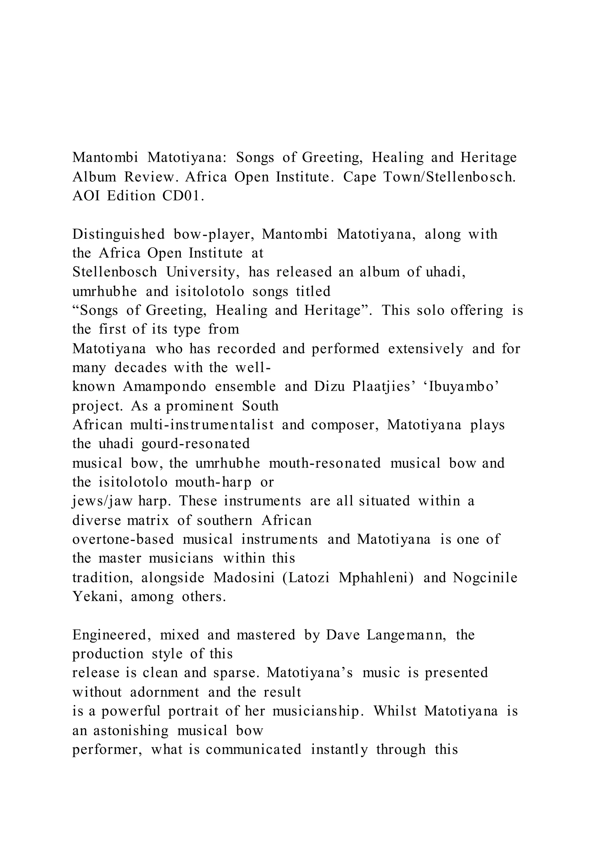 Mantombi matotiyana songs of greeting, healing and heritage | DOCX