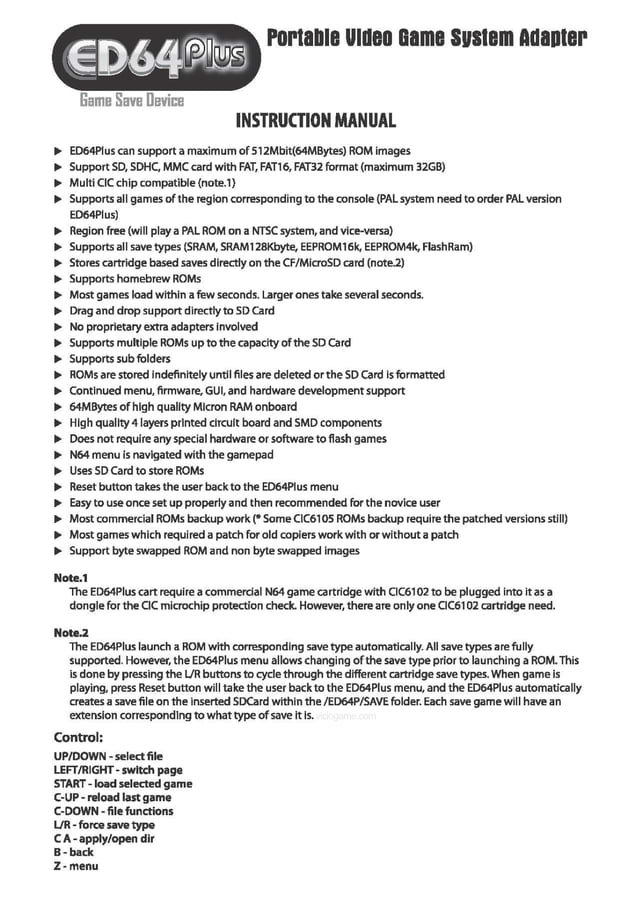 Manual - ED64 Plus - Nintendo 64 - Everdrive Flashcart | PDF | Video ...