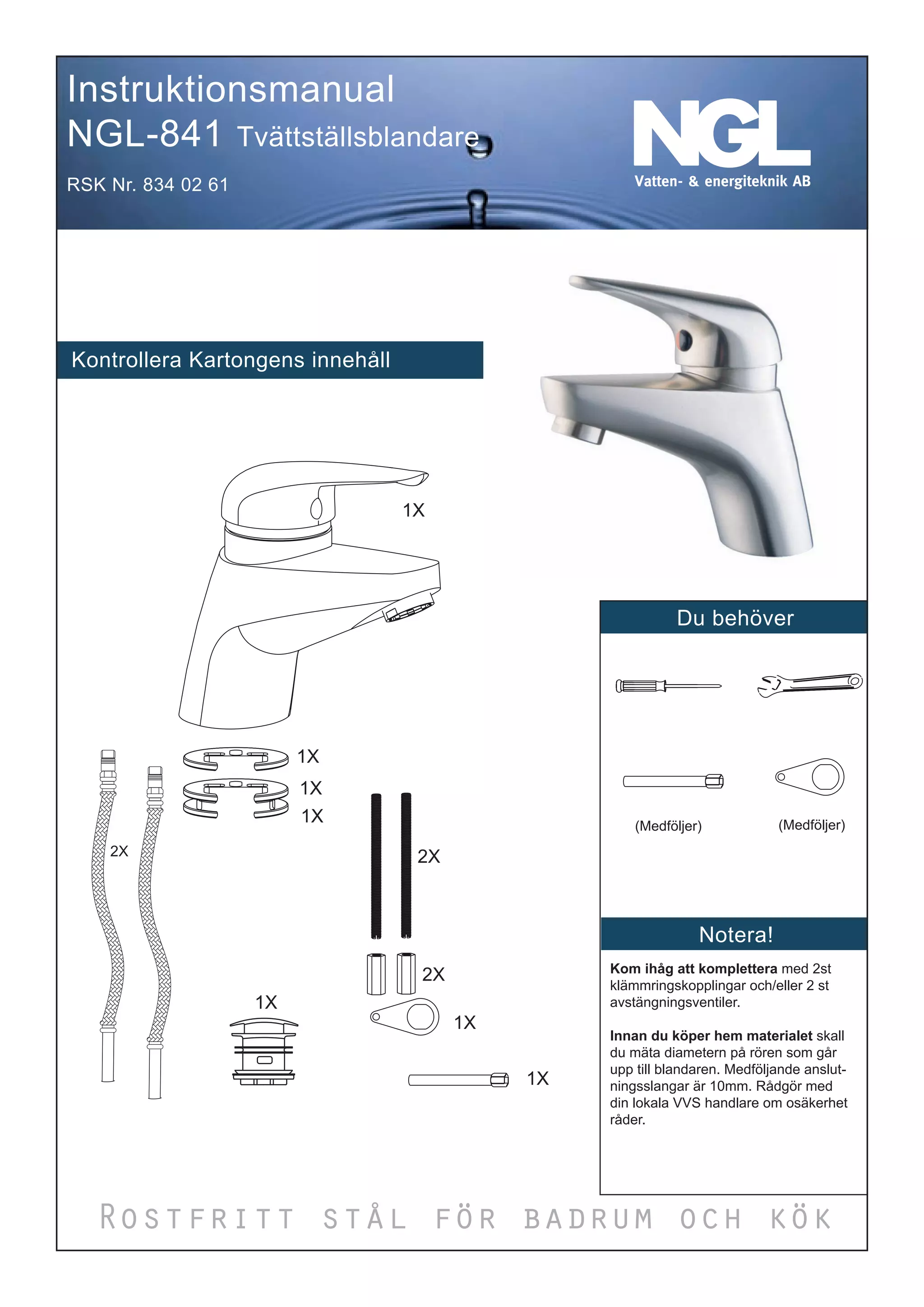 Manual NGL-841-tvattstallsblandare | PDF
