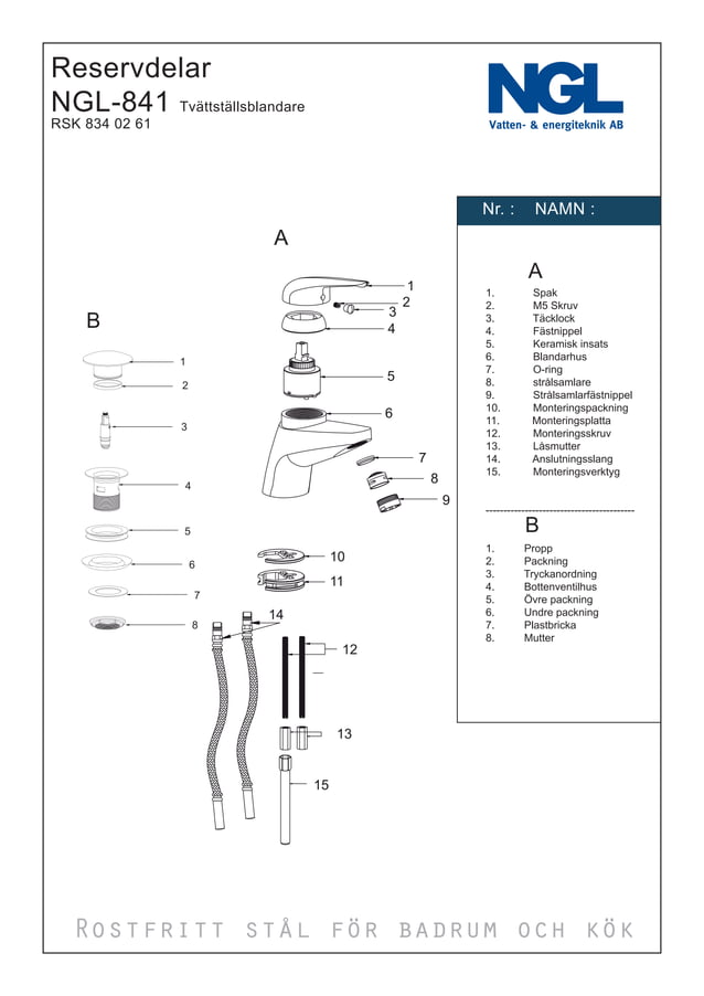 Manual NGL-841-tvattstallsblandare | PDF