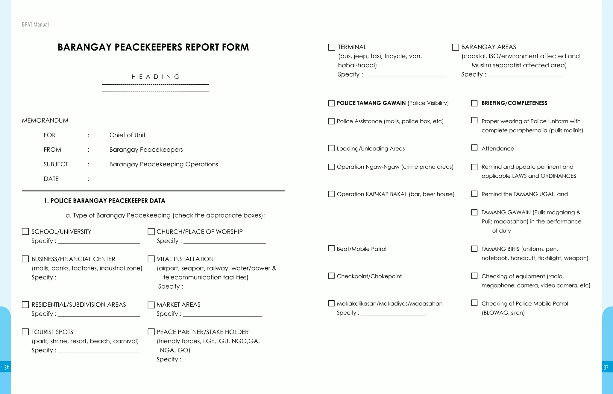 MANUAL ON BARANGAY PEACEKEEPING OPERATIONS - BPAT | PDF