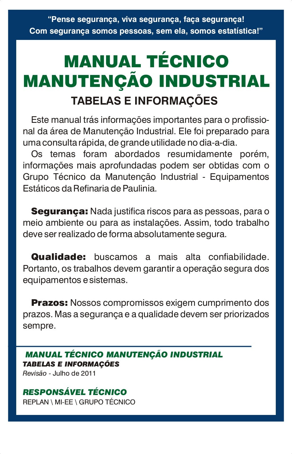 Manual Técnico Manutenção Industrial - Tabelas e Informações