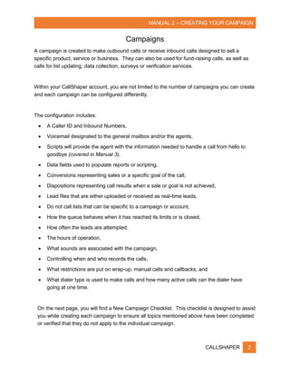 CallShaper Outbound Software Manual 2 - Creating a Campaign | PDF