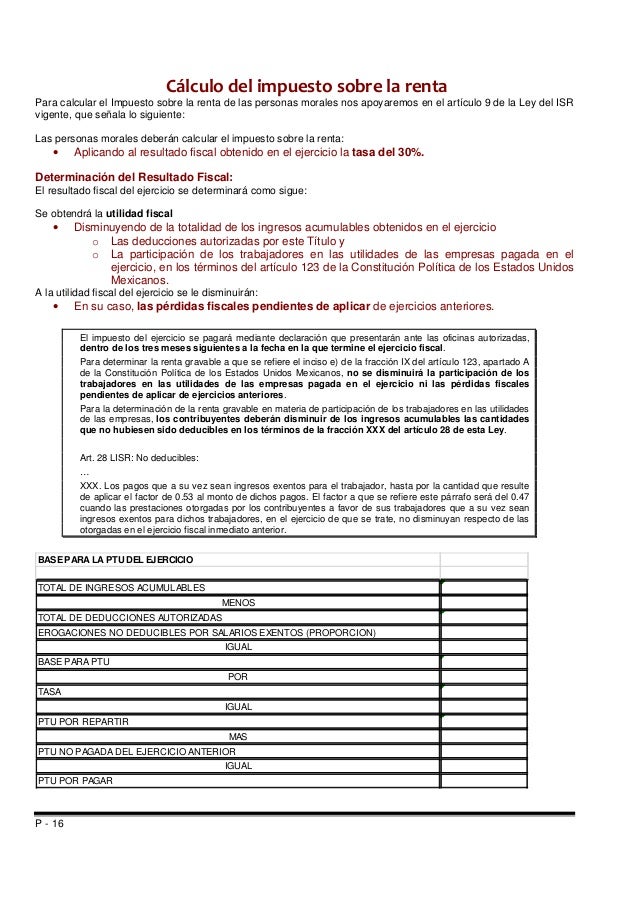 Calculo Del Impuesto Sobre La Renta Isr - creditosiana