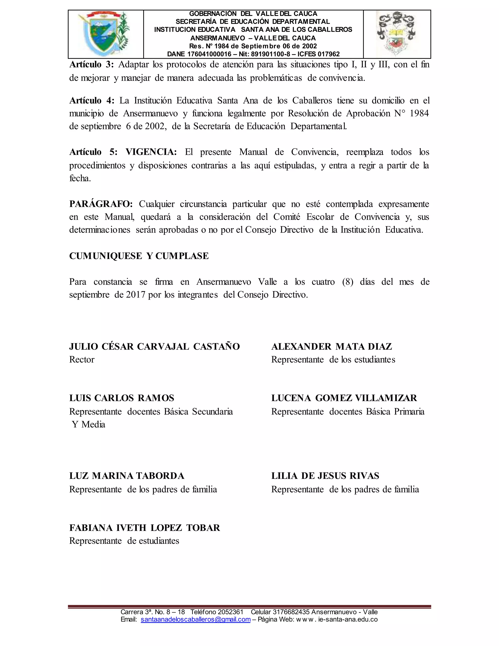 Manual de convivencia Santa Ana de los Caballeros | DOCX