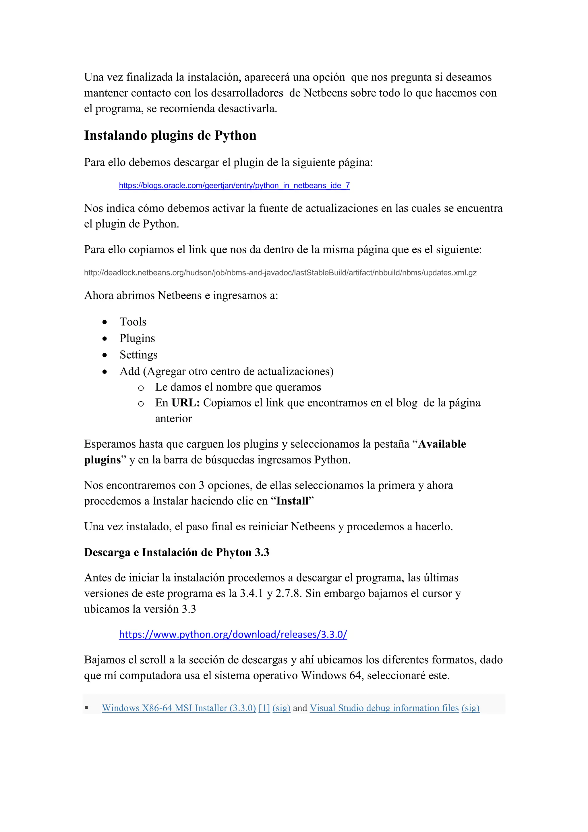 Manual de instalación python, netbeens y habilitación de plugins | PDF
