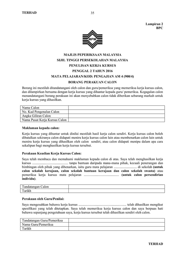 Manual pelaksanaan kerja kursus PENGAJIAN AM (900/4) TAHUN 2016 | PDF