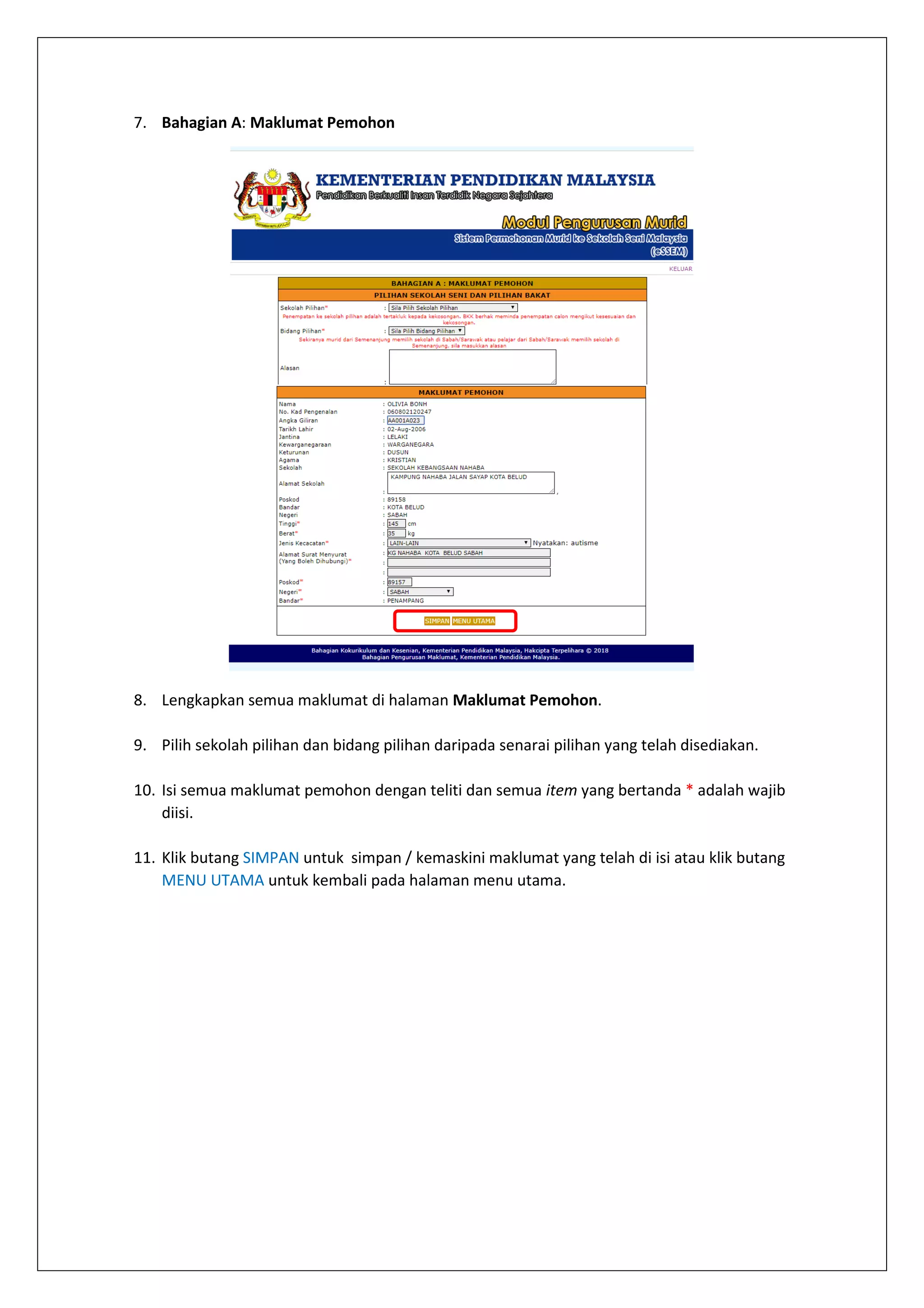 MANUAL PENGGUNA (PEMOHON) SISTEM PERMOHONAN MURID KE TINGKATAN 1 SEKOLAH SENI MALAYSIA (SSeM) | PDF