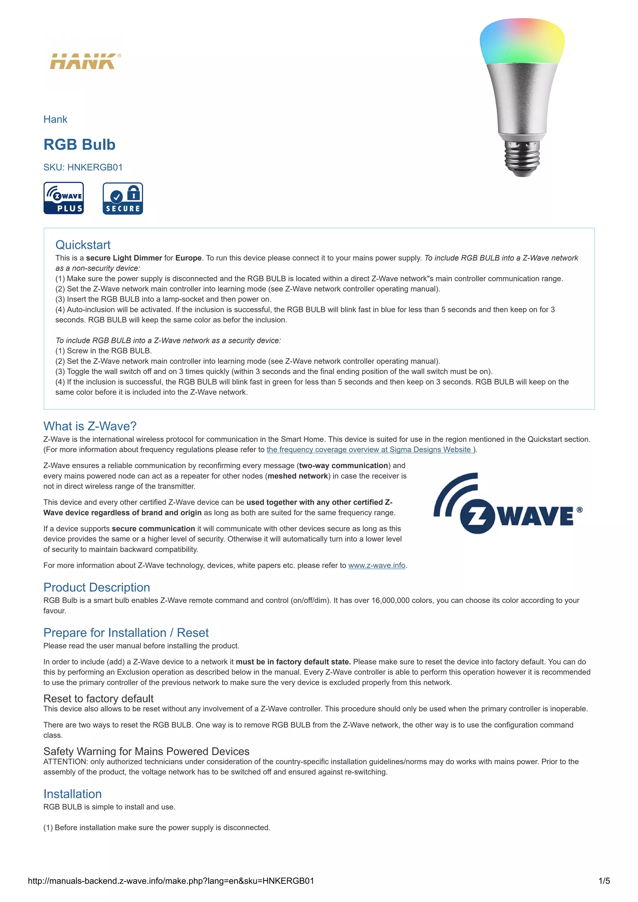 Manuals Hank led rgbw.z-wave | PDF