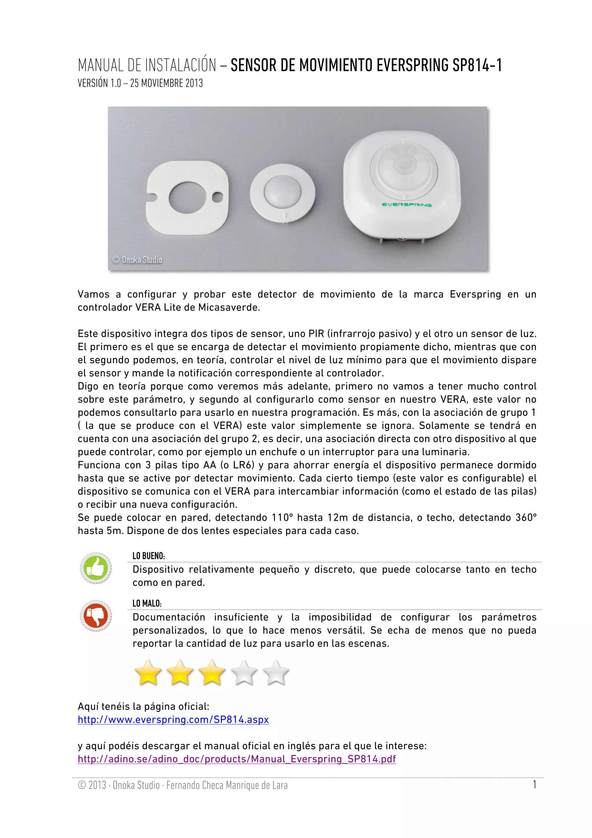 Manual sensor de movimiento Everspring SP814 | PDF