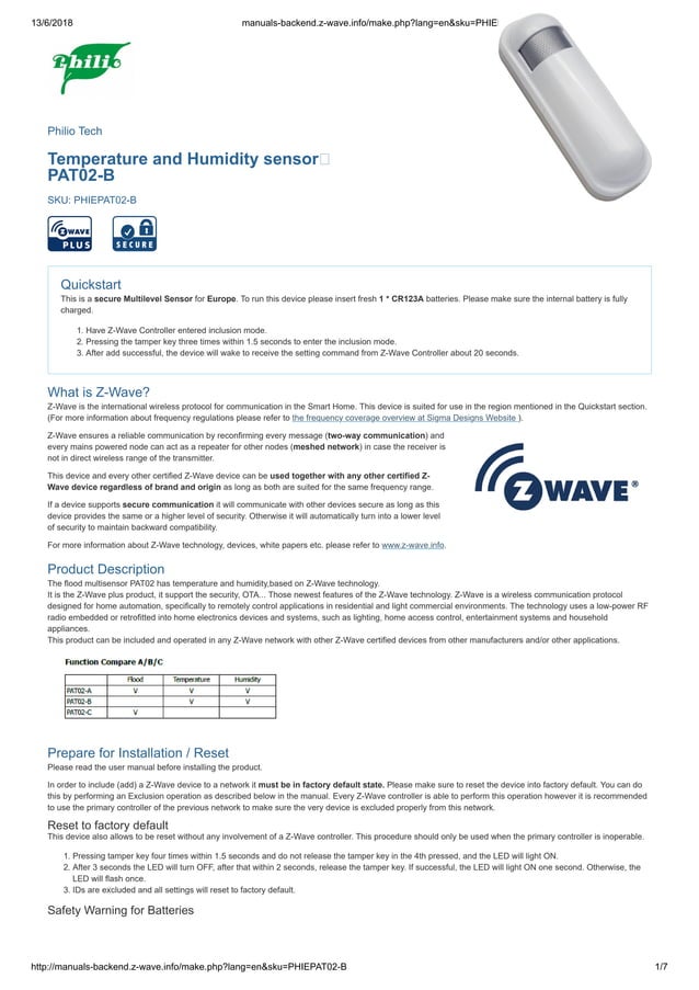 Manual sensor temperature and humidity z-wave plus - philio | PDF