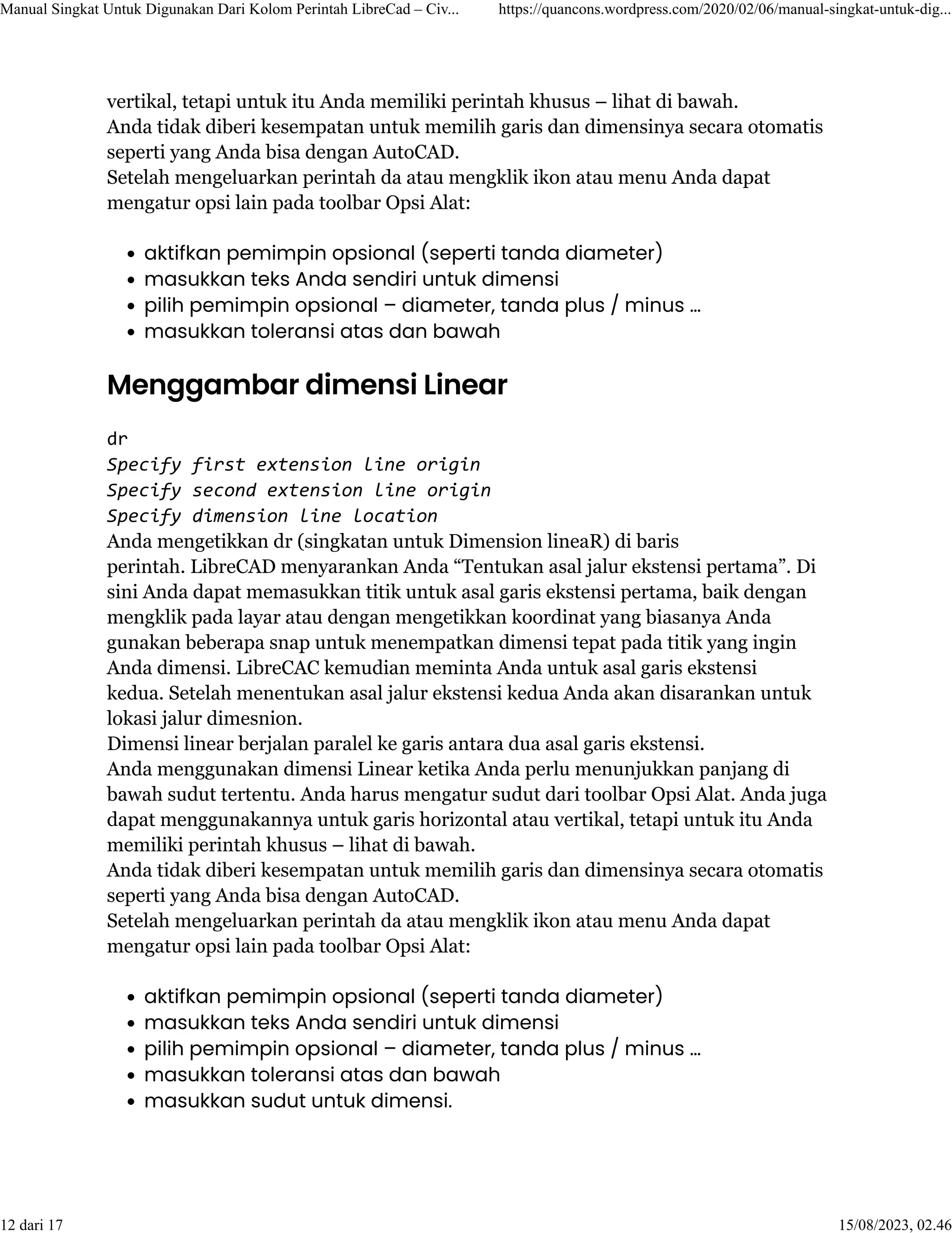 Manual Singkat Untuk Digunakan Dari Kolom Perintah LibreCad – Civil ...