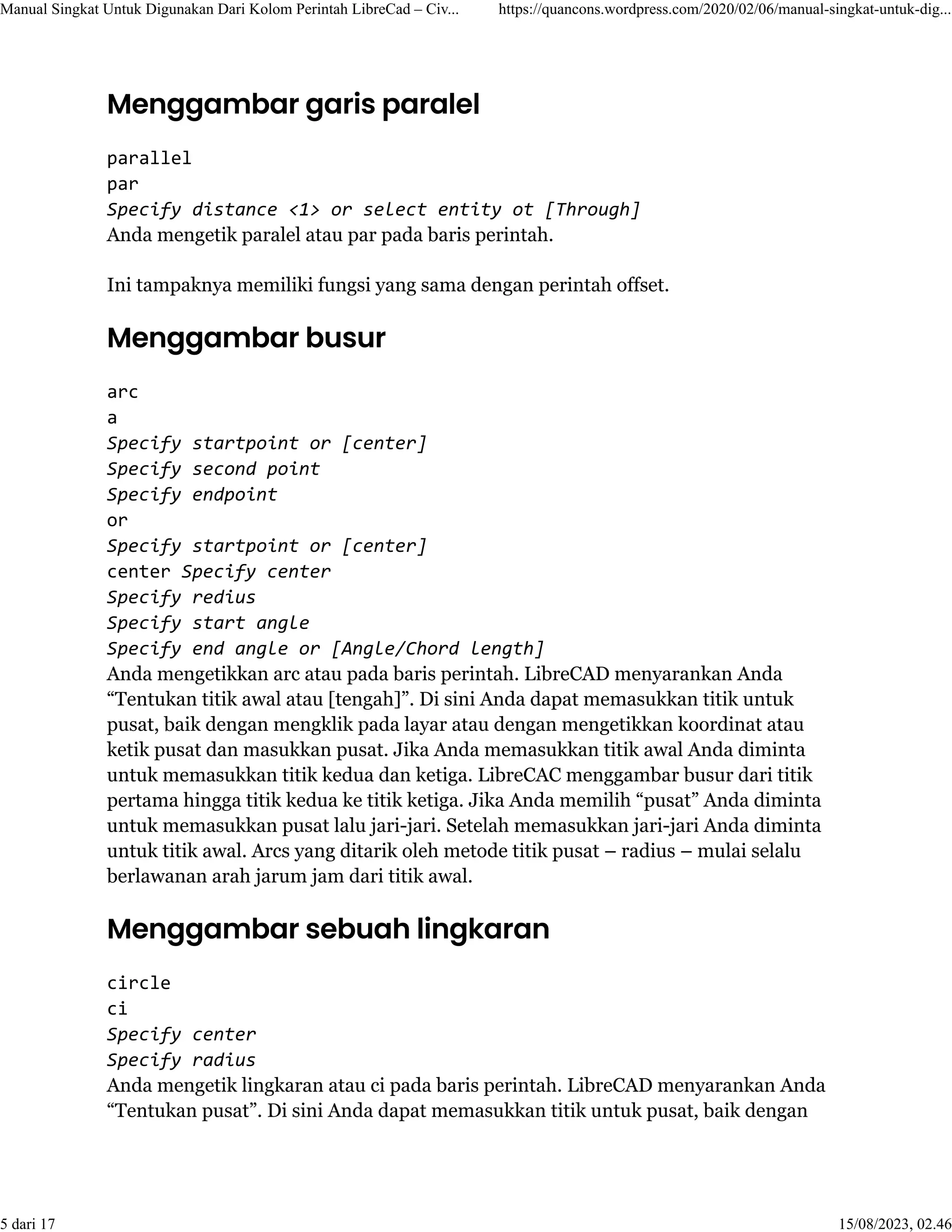 Manual Singkat Untuk Digunakan Dari Kolom Perintah LibreCad – Civil ...