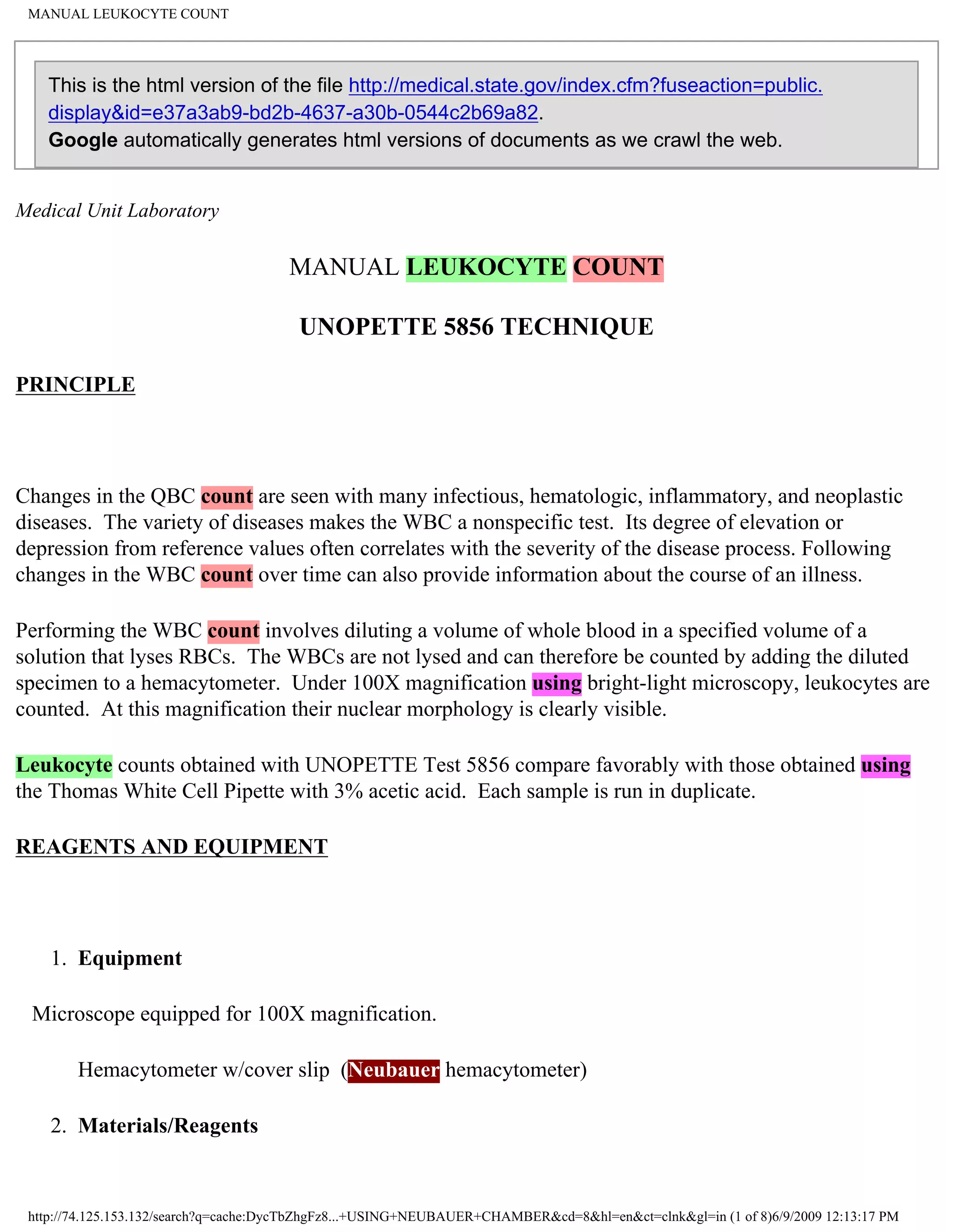 Manual Total Leucocyte Count Sop | PDF