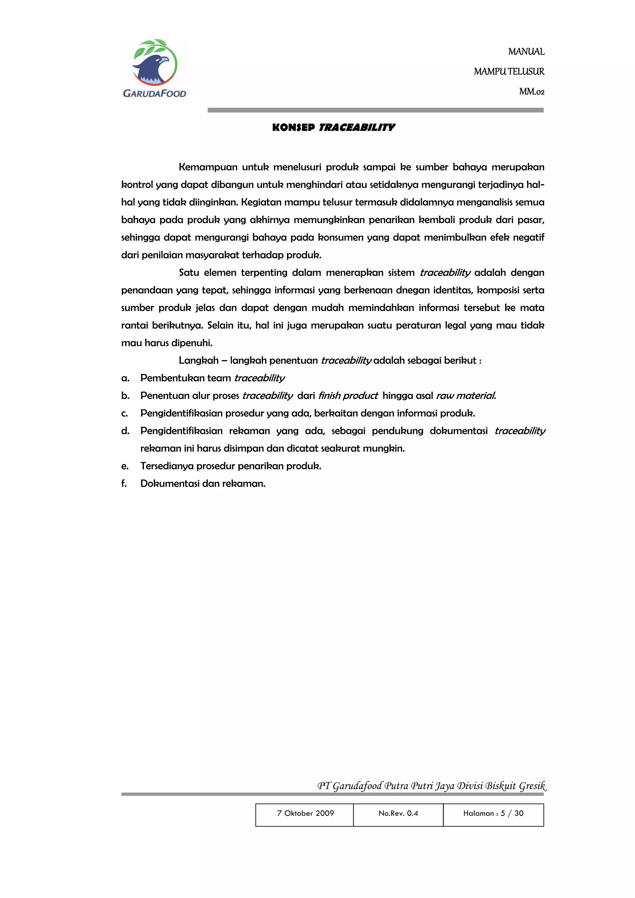 Manual traceability mampu telusur iso 9001 & iso 22000 | PDF