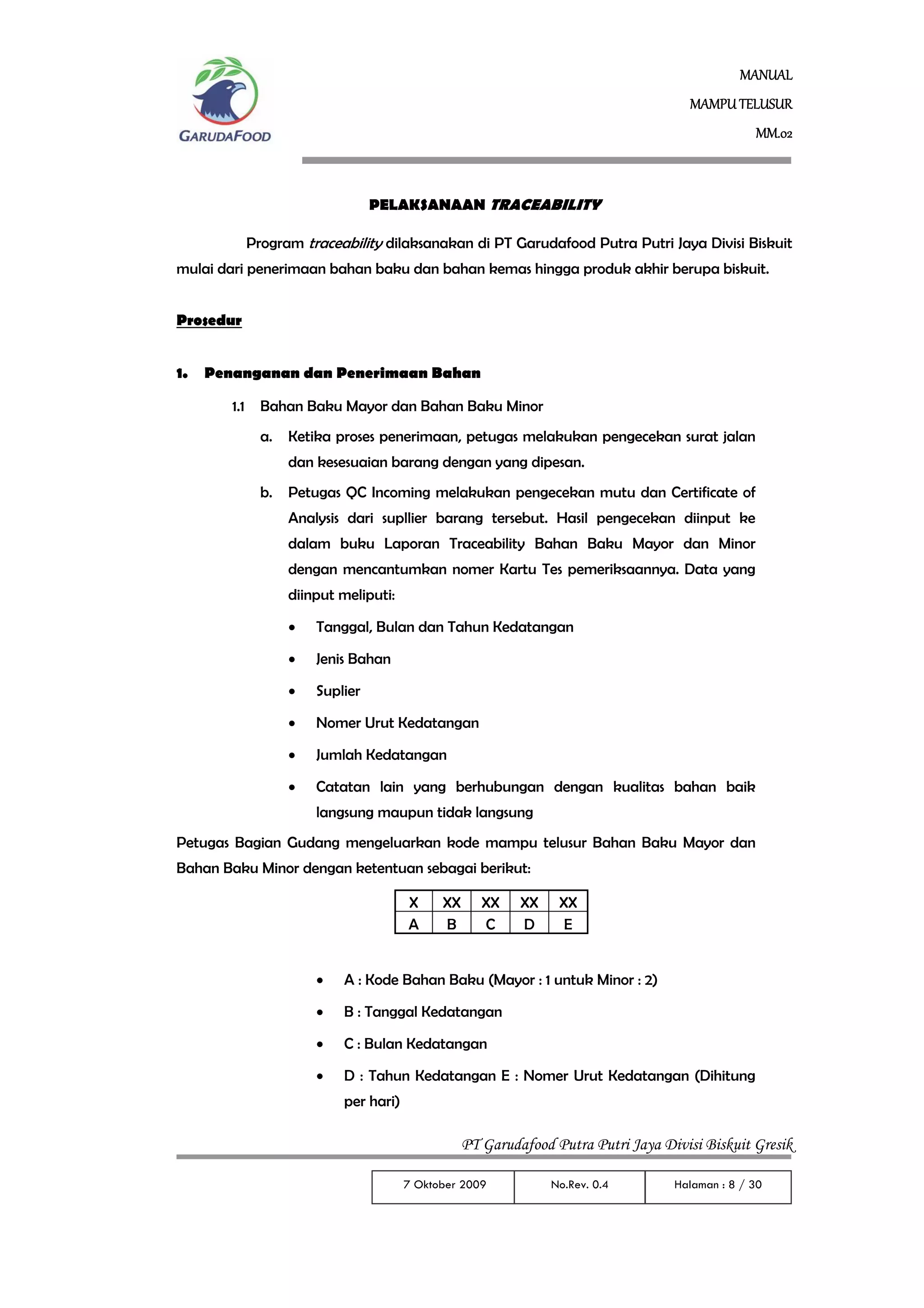 Manual traceability mampu telusur iso 9001 & iso 22000 | PDF