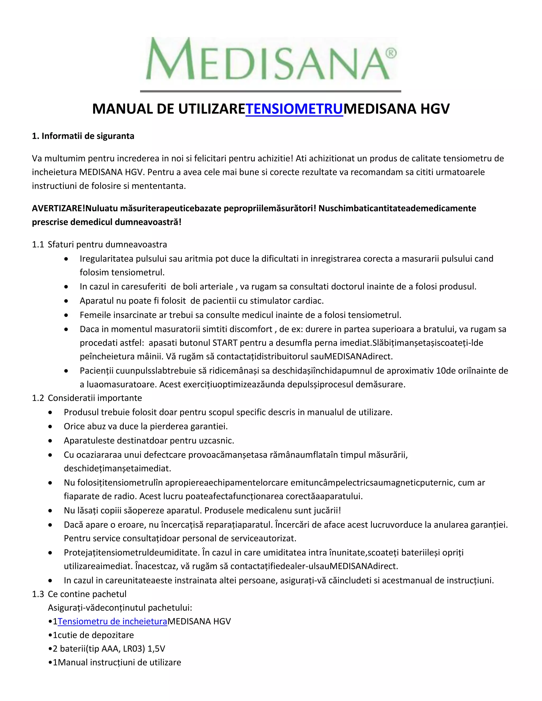 Manual utilizare tensiometru Medisana HGV | PDF