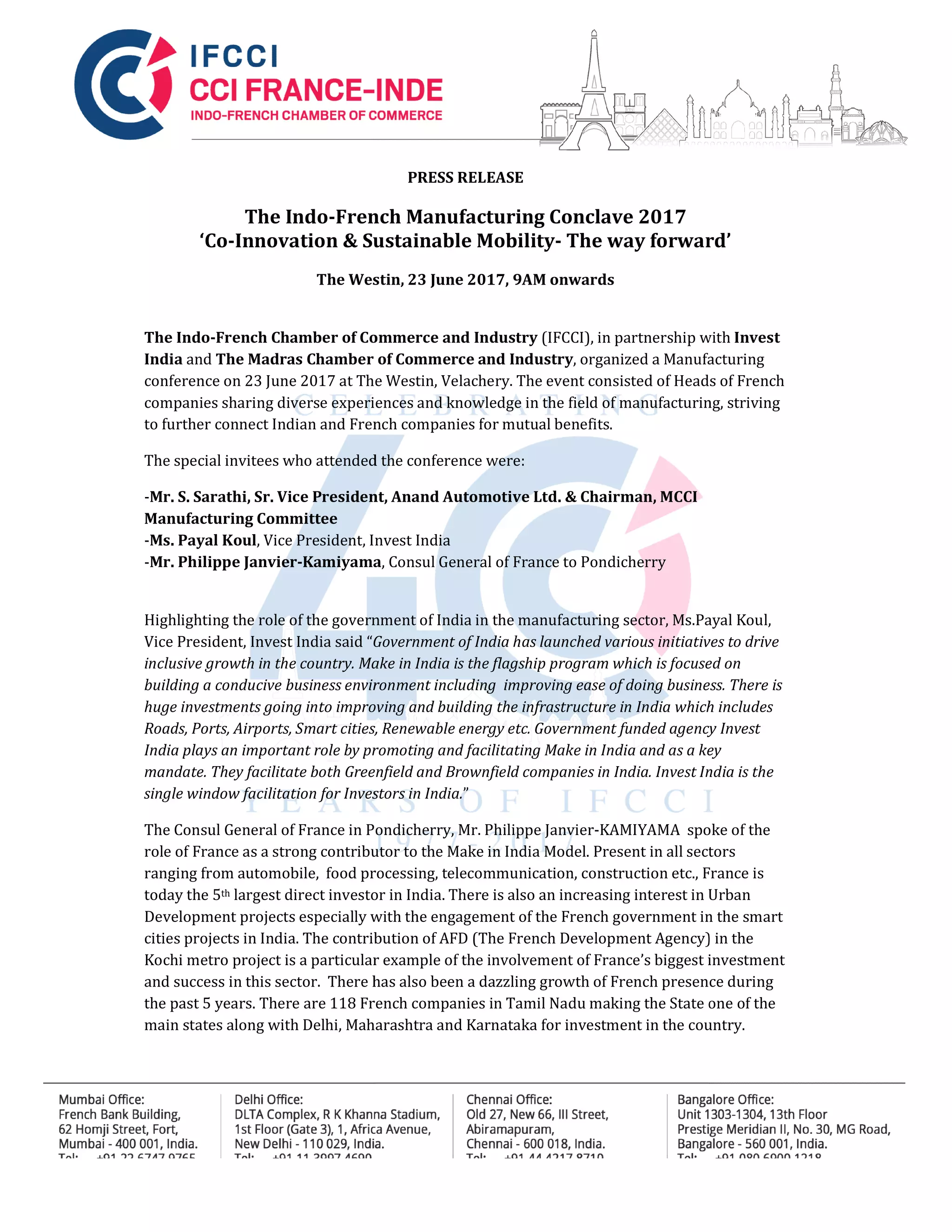 Indo-French Manufacturing Conclave press release | PDF