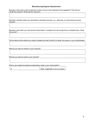 Manufacturing engineer questionnaire | DOC
