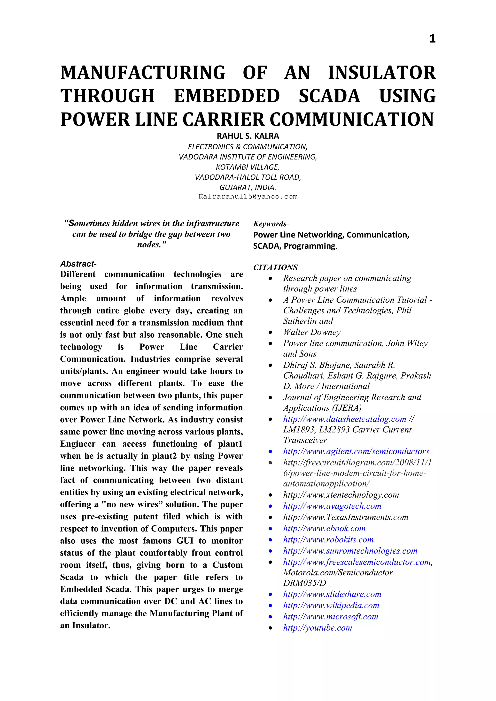 Manufacturing of an insulator through embedded scada using power line carrier communication | PDF
