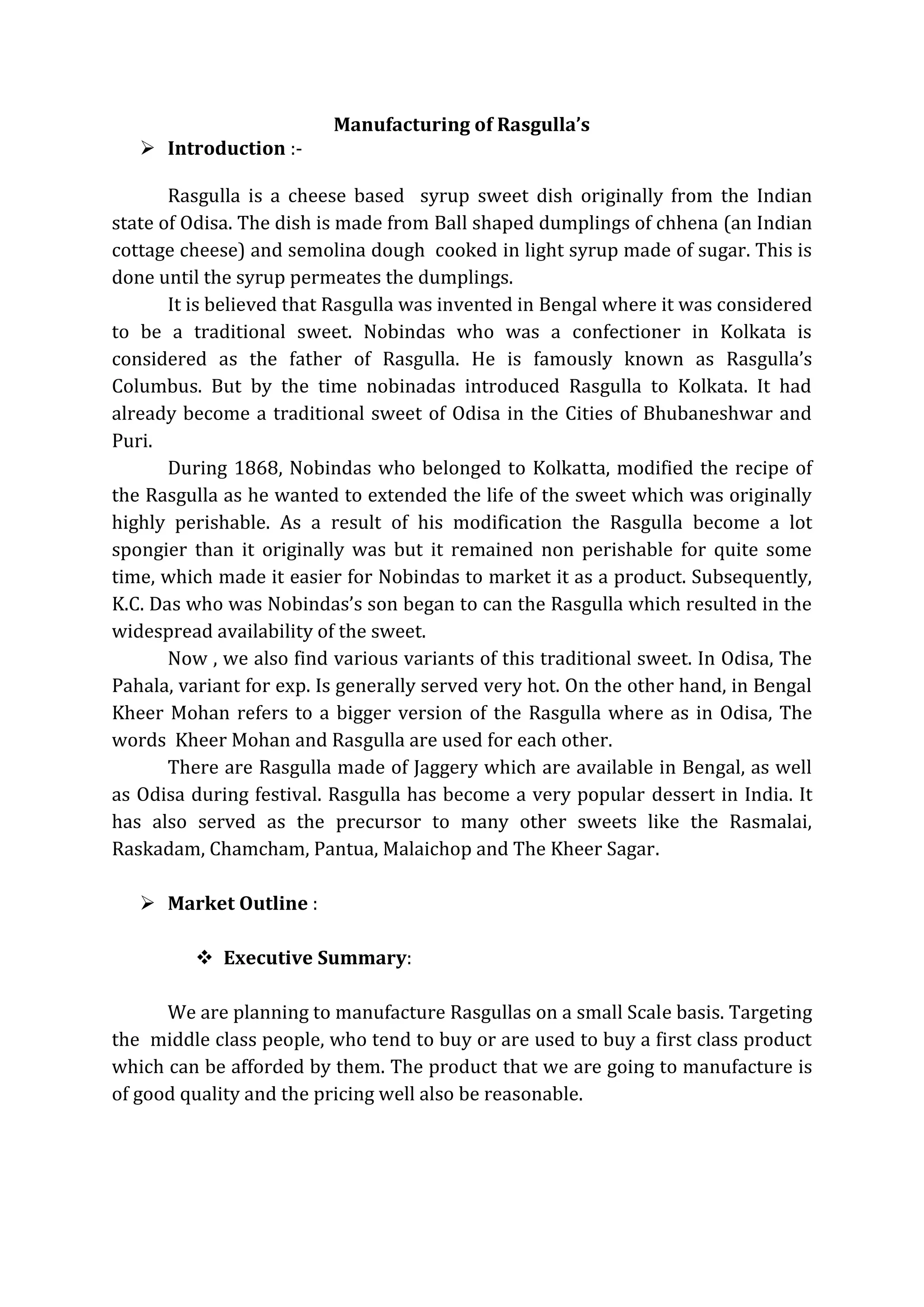 Manufacturing of rasgulla | DOCX