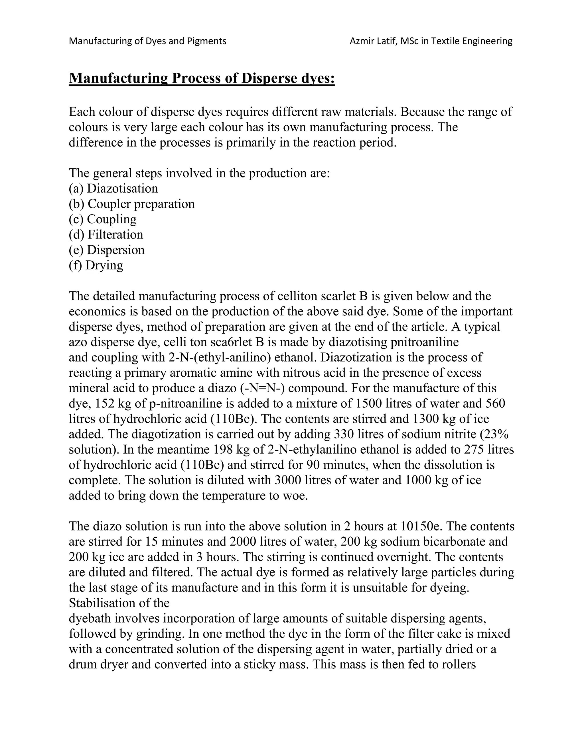 Manufacturing process of disperse dyes | PDF