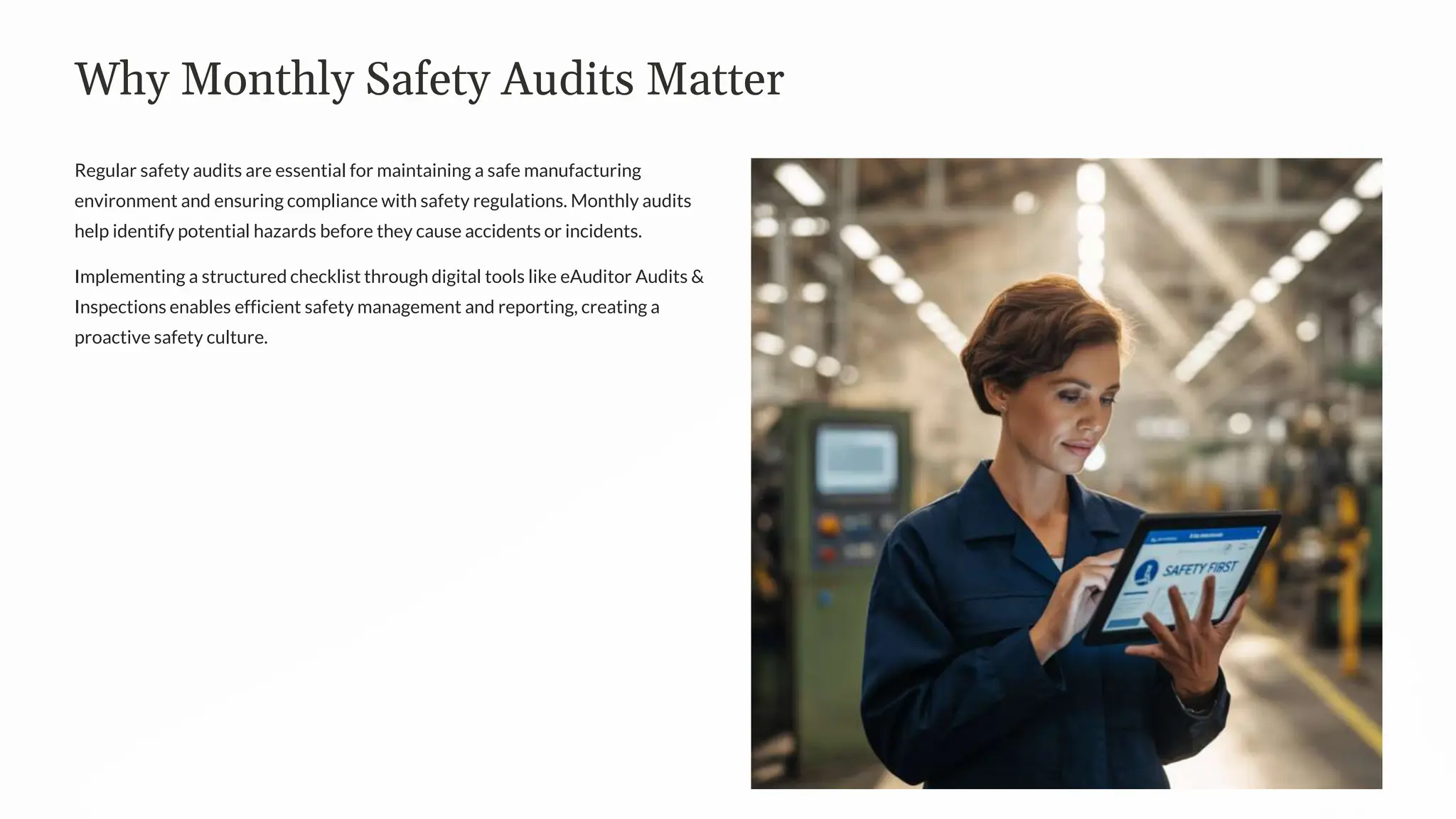 Manufacturing Safety Audit Checklist with eAuditor Audits & Inspections ...