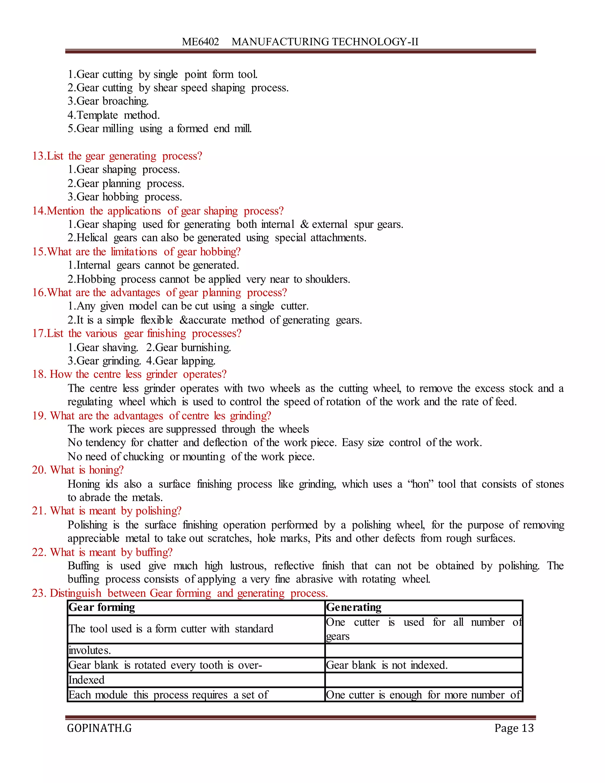 Manufacturing technology II 2 marks questions & answers | DOCX