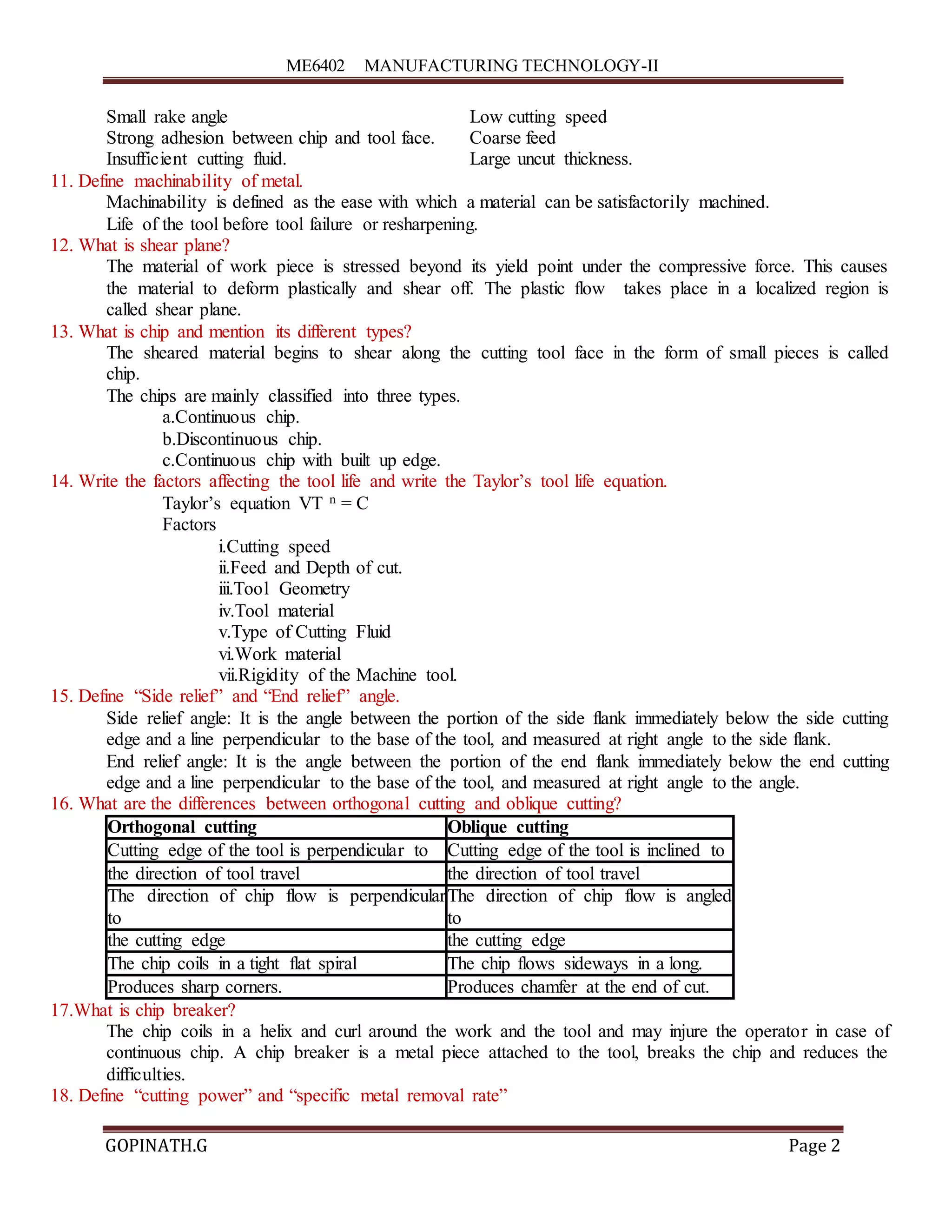 Manufacturing technology II 2 marks questions & answers | DOCX