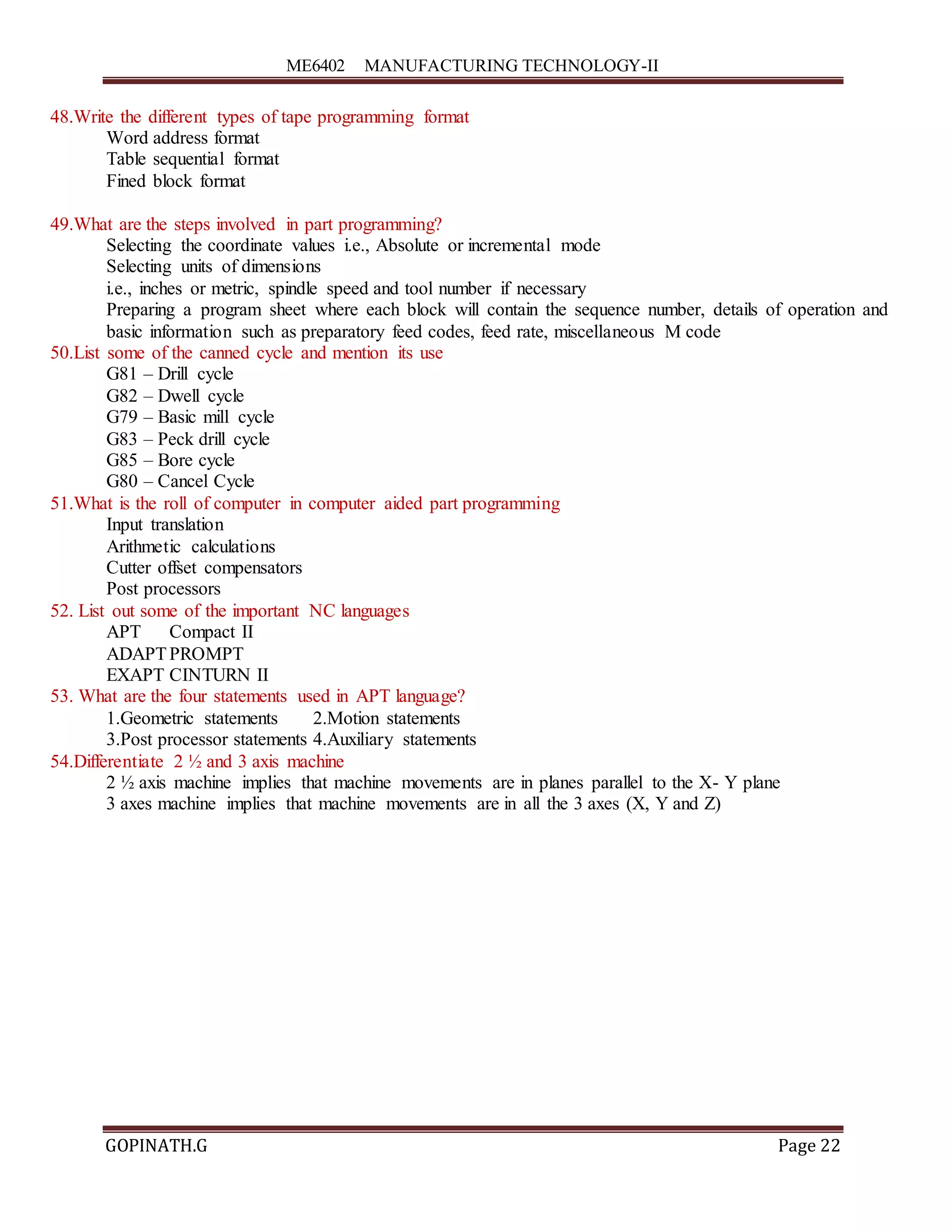 Manufacturing technology II 2 marks questions & answers | DOCX