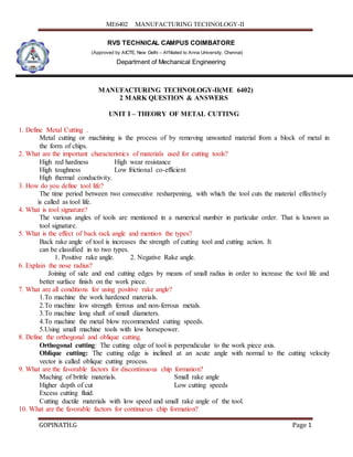 Manufacturing technology II 2 marks questions & answers | DOCX