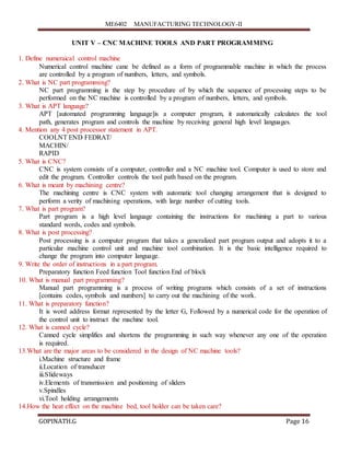 Manufacturing technology II 2 marks questions & answers | DOCX
