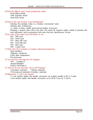 Manufacturing technology II 2 marks questions & answers | DOCX