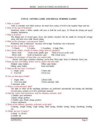 Manufacturing technology II 2 marks questions & answers | DOCX