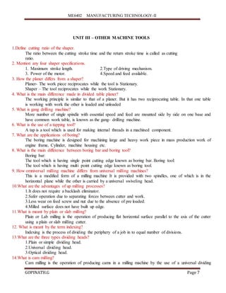 Manufacturing technology II 2 marks questions & answers | DOCX