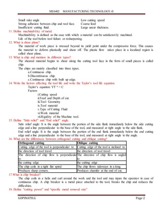 Manufacturing technology II 2 marks questions & answers | PDF