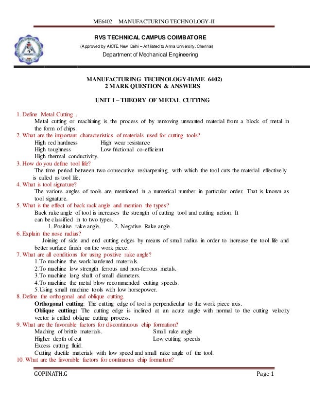 Manufacturing Technology Ii 2 Marks Questions And Answers