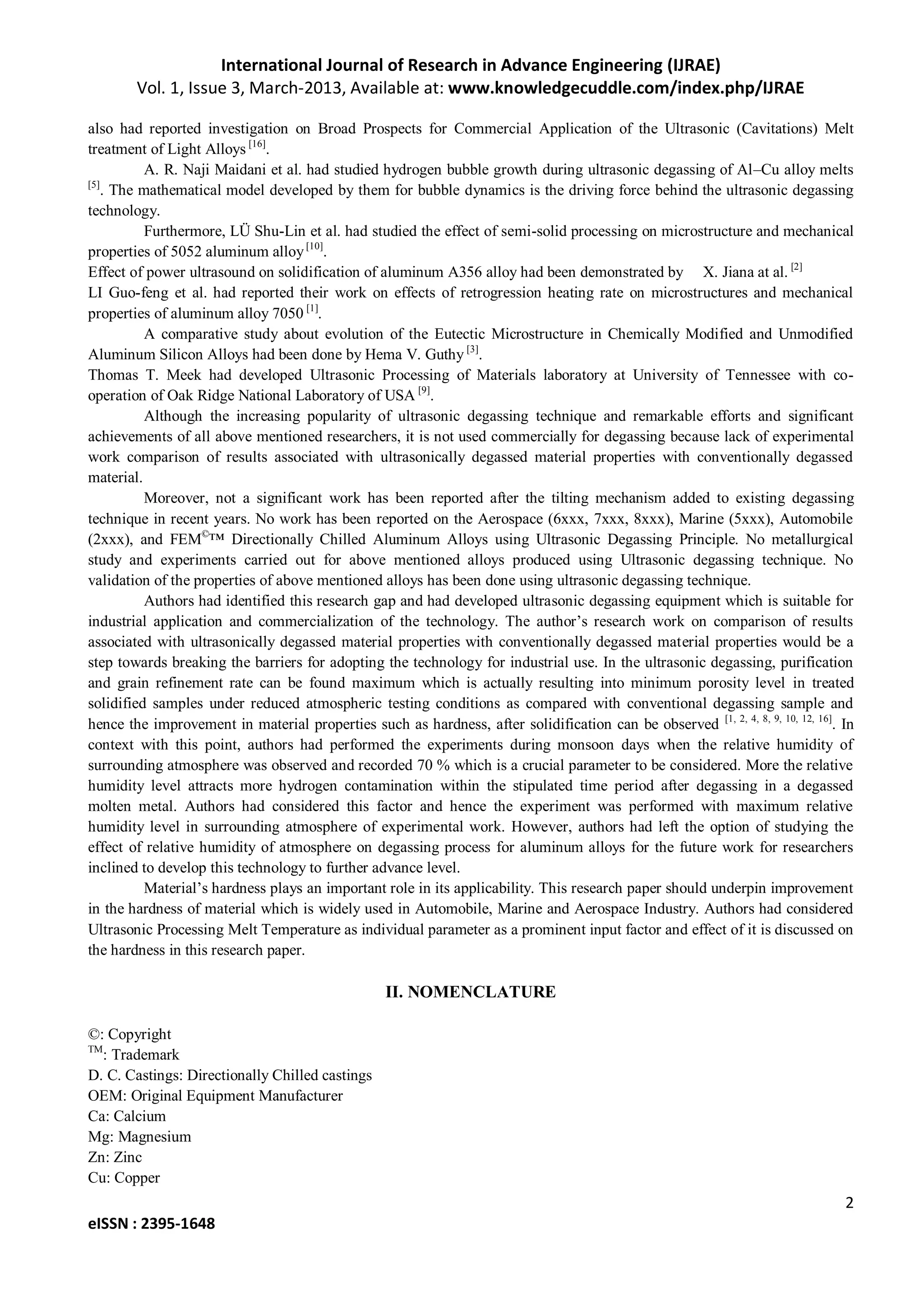 Ultrasonic Treatment to Molten FEM©™ Aluminum Alloy and Effects of Ultrasound Treatment Melt ...