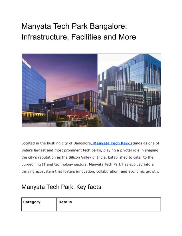 Manyata Tech Park Bangalore_ Infrastructure, Facilities and More | PDF