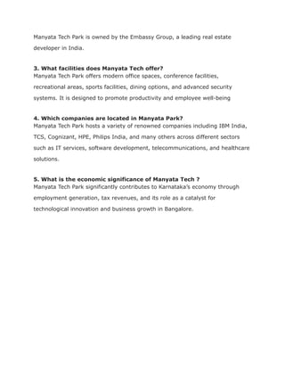 Manyata Tech Park Bangalore_ Infrastructure, Facilities and More | PDF