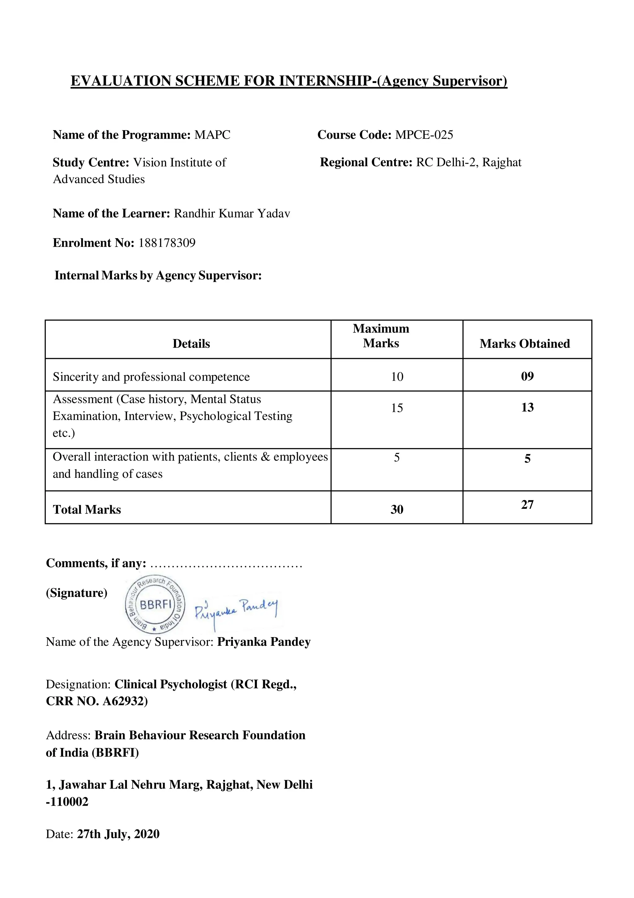 IGNOU Sample Internship File for MPCE025 | PDF