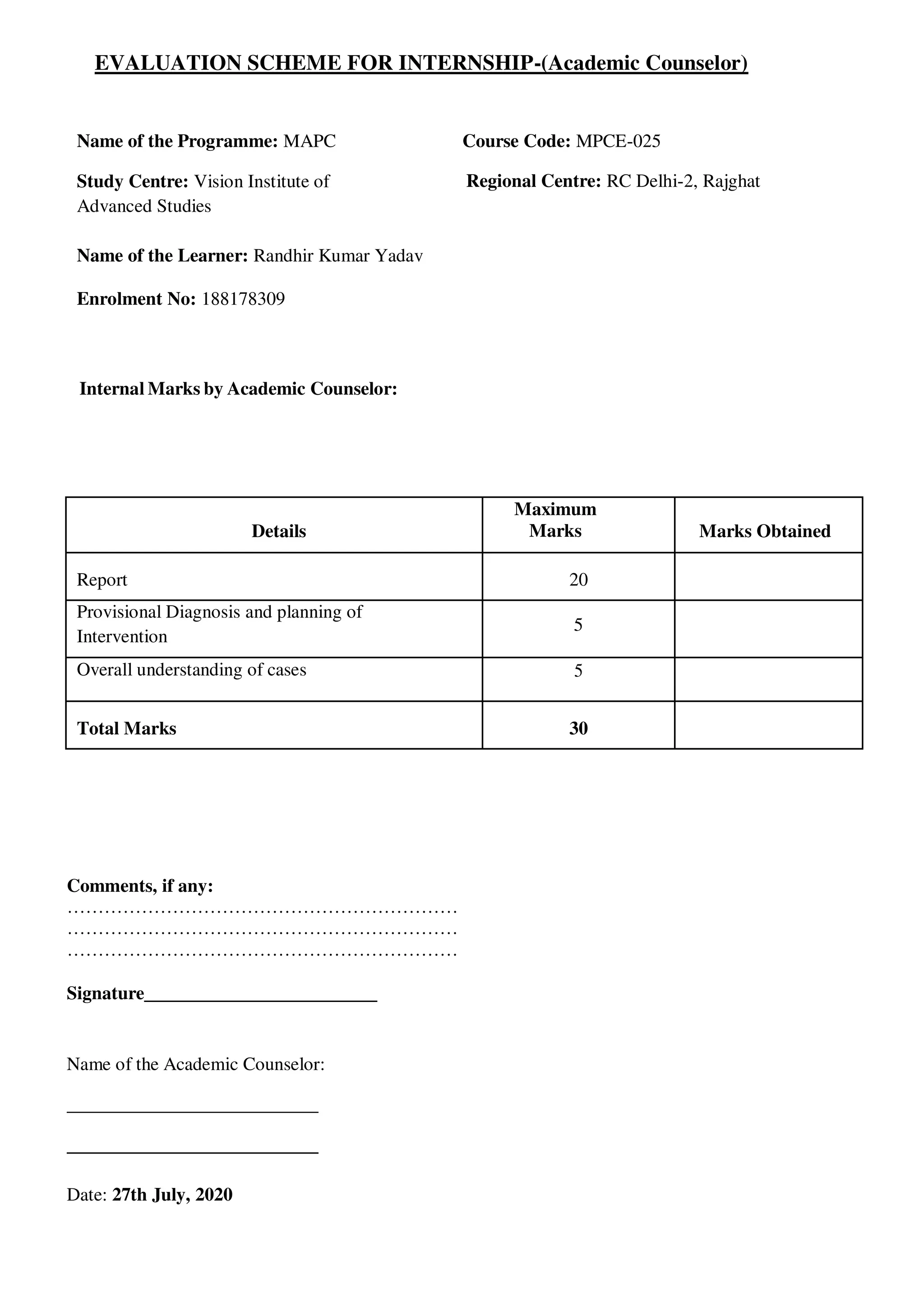 IGNOU Sample Internship File for MPCE025 | PDF
