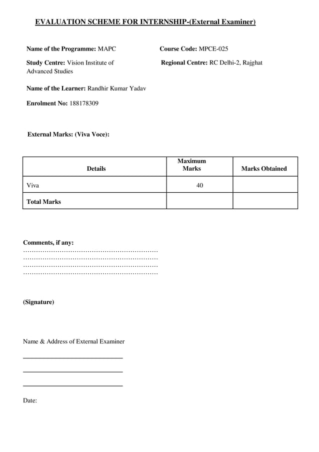 IGNOU Sample Internship File for MPCE025 | PDF