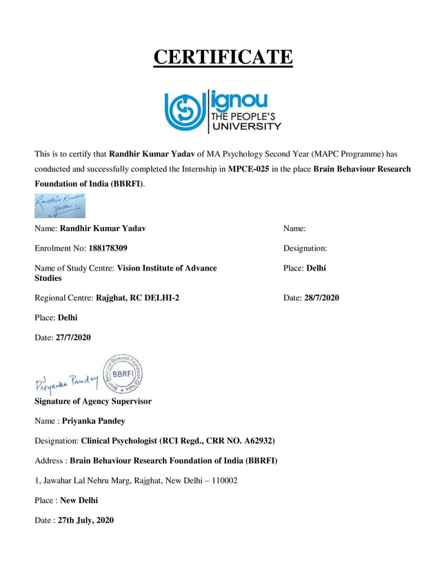 IGNOU Sample Internship File for MPCE025 | PDF