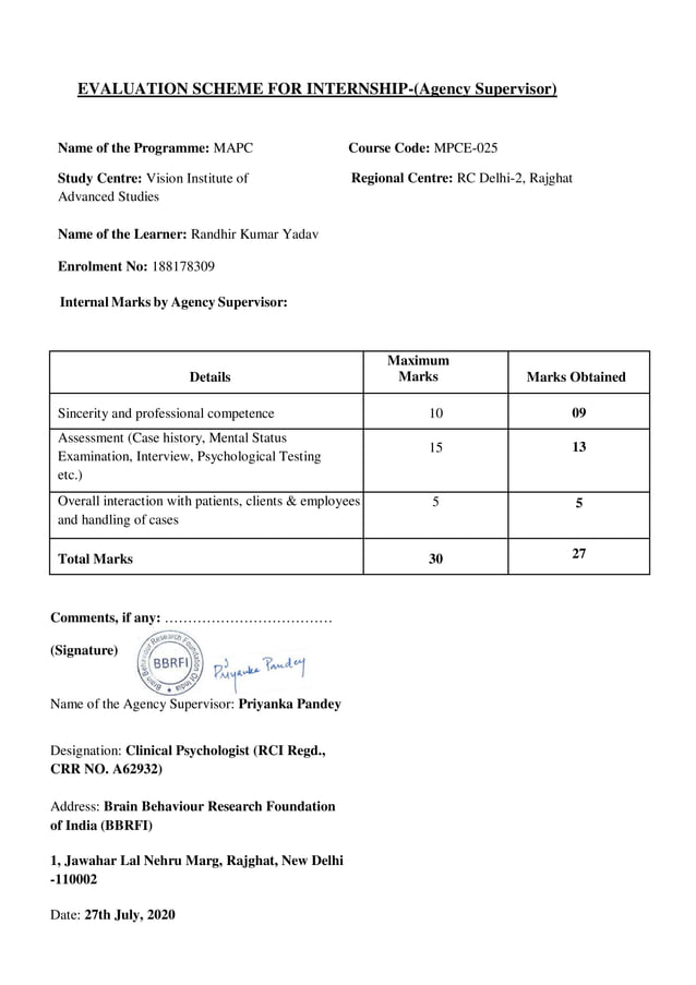 IGNOU Sample Internship File for MPCE025 | PDF