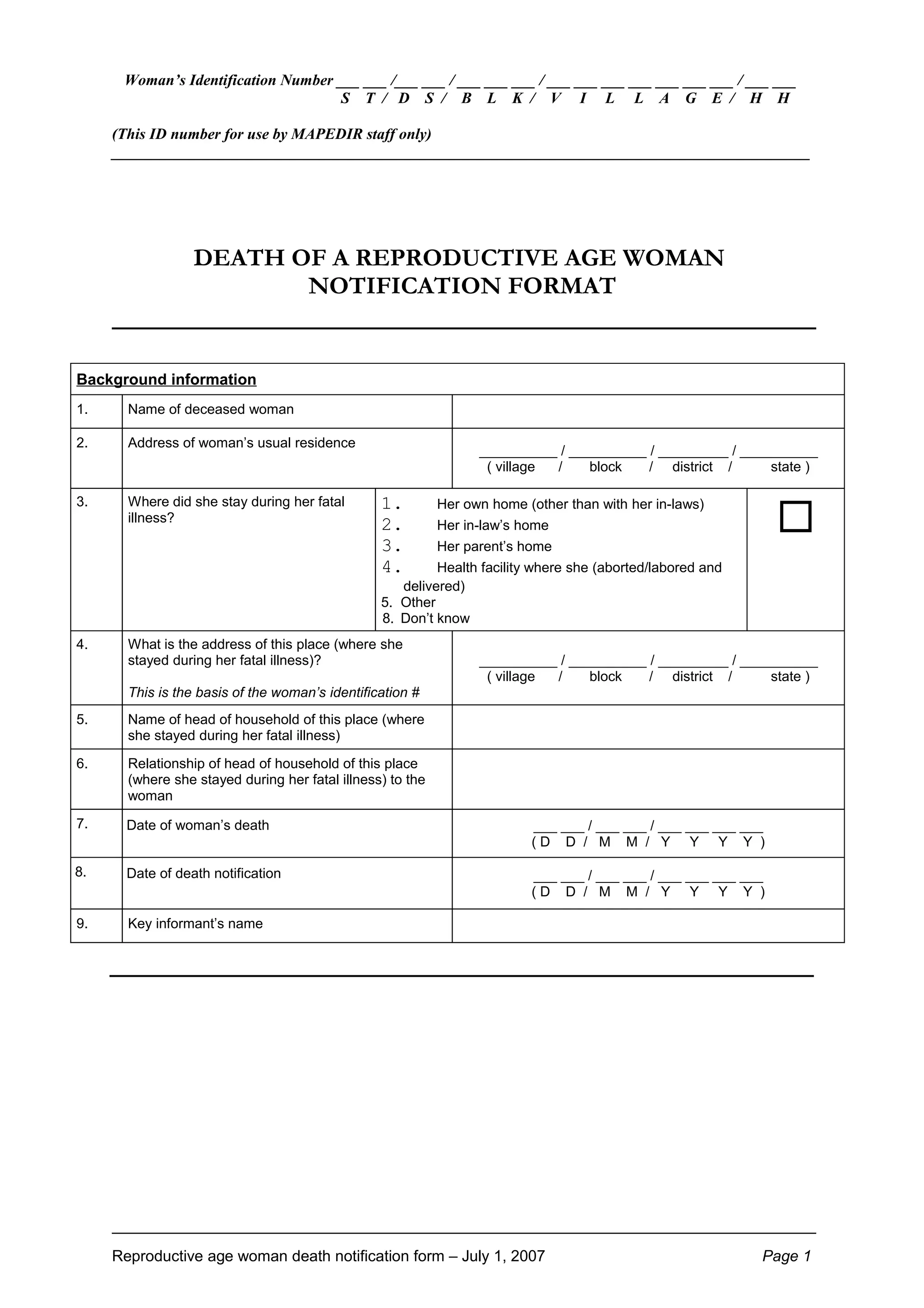 Mapedir death notification format final 01 july2007 | PDF