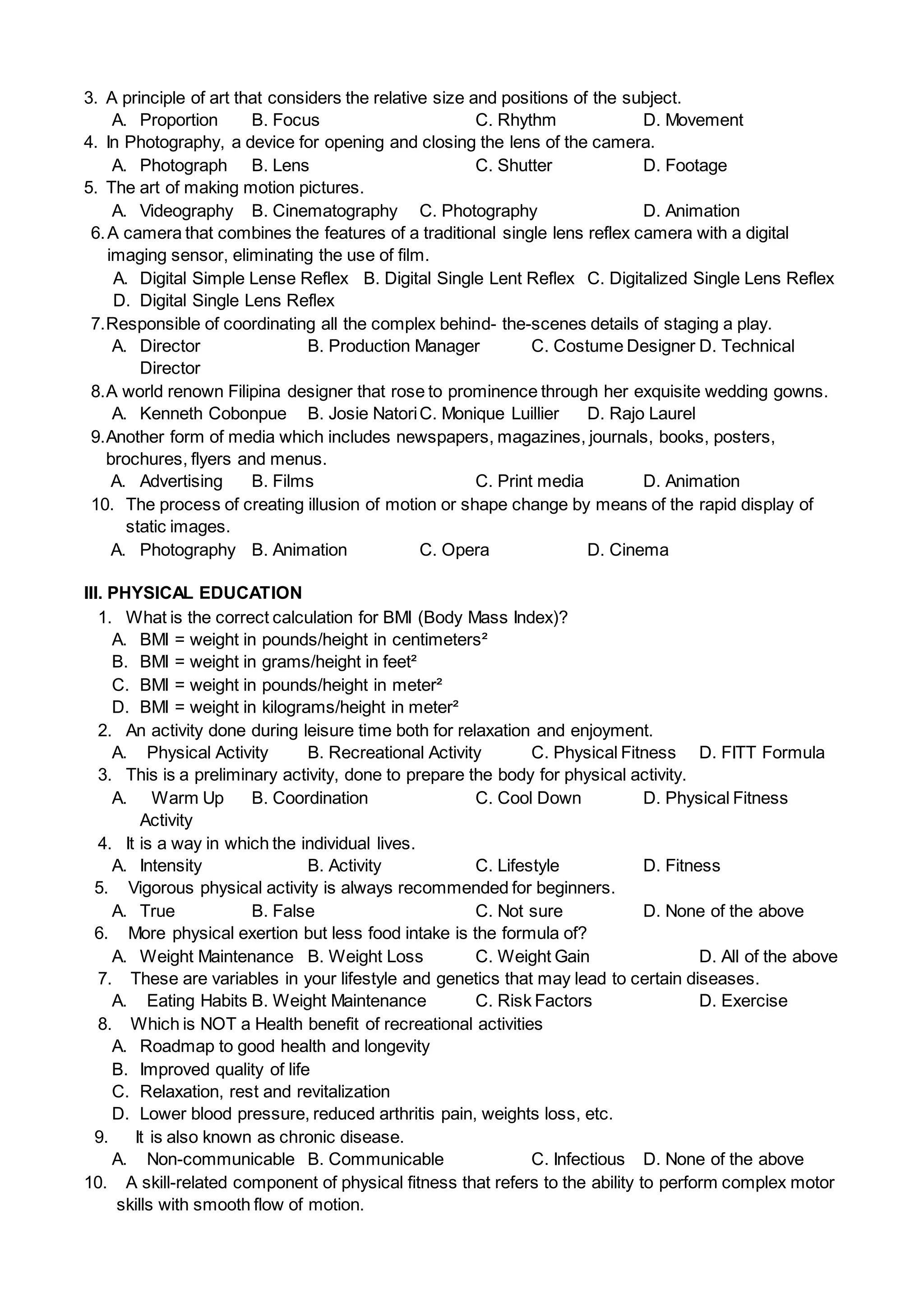 Mapeh 10 diagnostic test | DOCX
