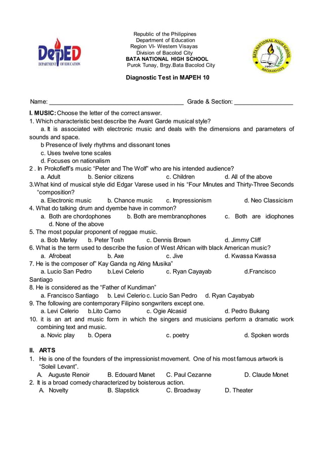 Mapeh 10 Diagnostic Test PDF Mapeh 10 Diagnostic Test PDF