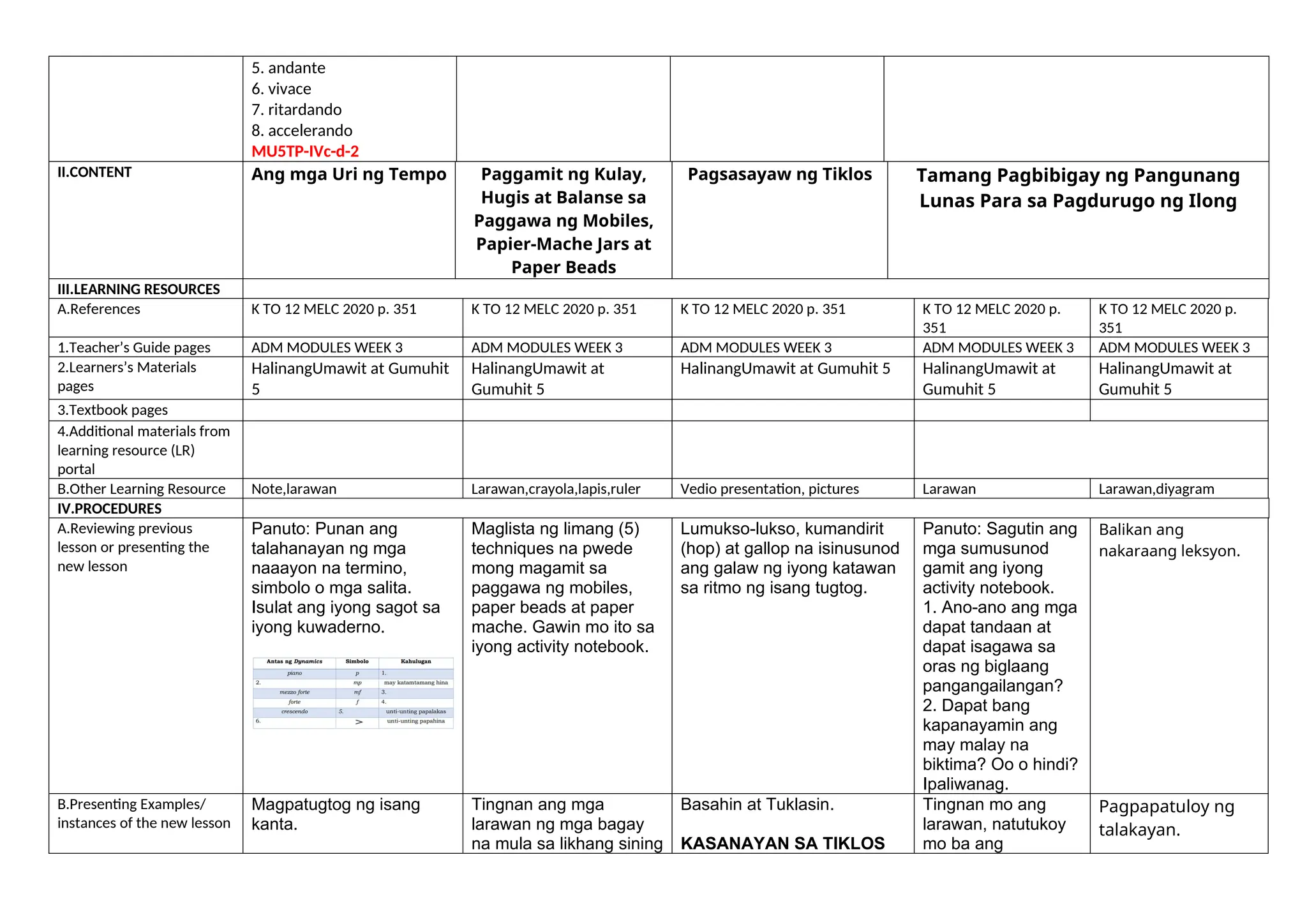 MAPEH 5_DLL_WEEK 3_Q4.docx Kahalagahan ng musika sa pamumuhay ng mga ...